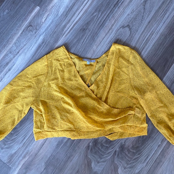 Tops | Yellow Sheer Wrap Top With Polka Dots | Poshmark